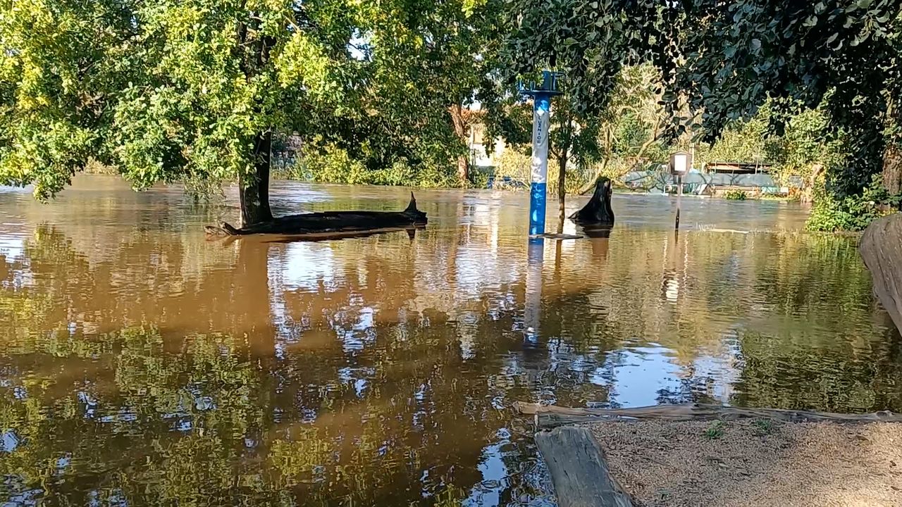 Lužnice pod Rožmberkem zaplavuje okolí. Pod vodou je kemp i zahrady ...
